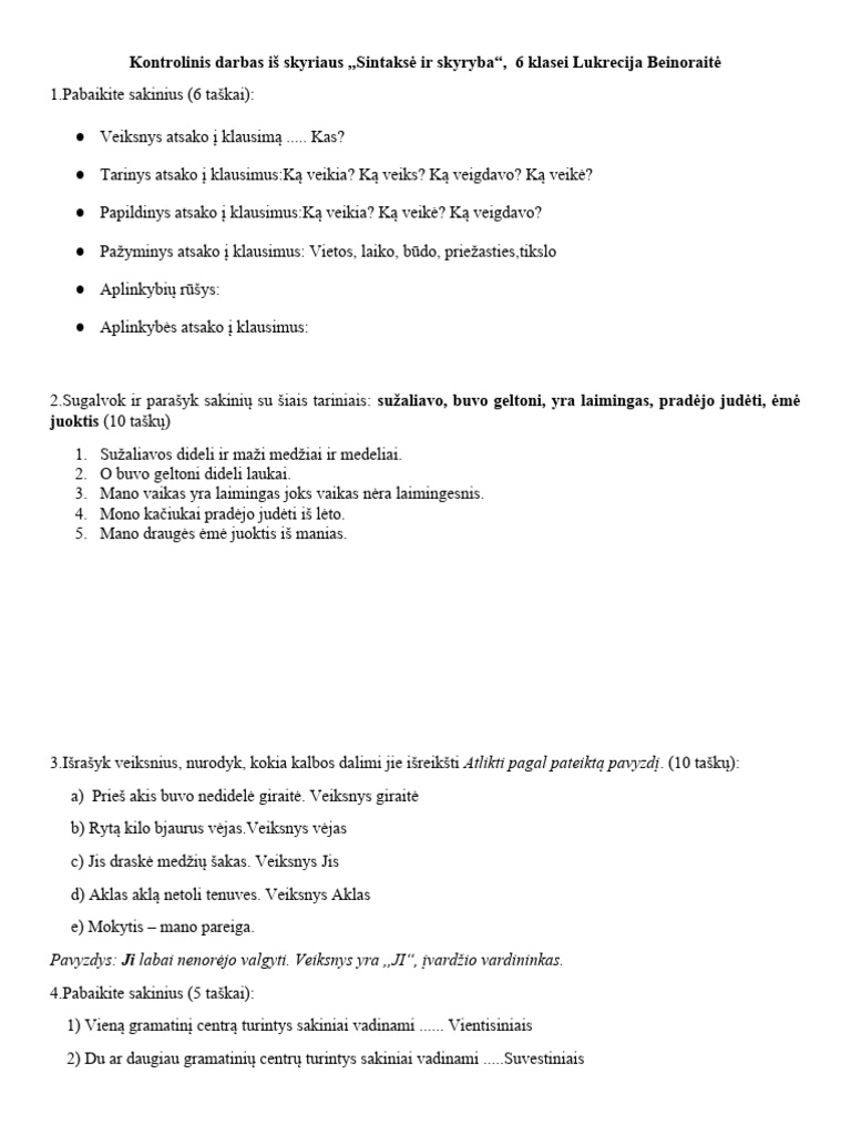 Kontrolinis 6kl. Sintakse | PDF