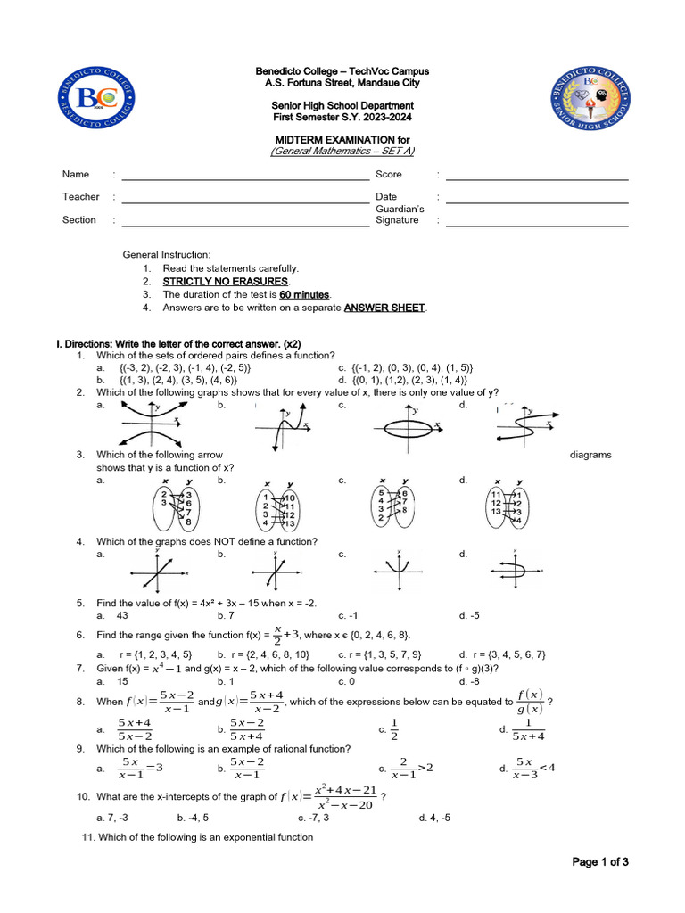General Math Midterm Exam 2023 | PDF | Function (Mathematics) | Mathematics