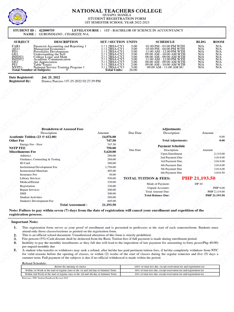National Teachers College: Student Registration Form | PDF | Fee | Business
