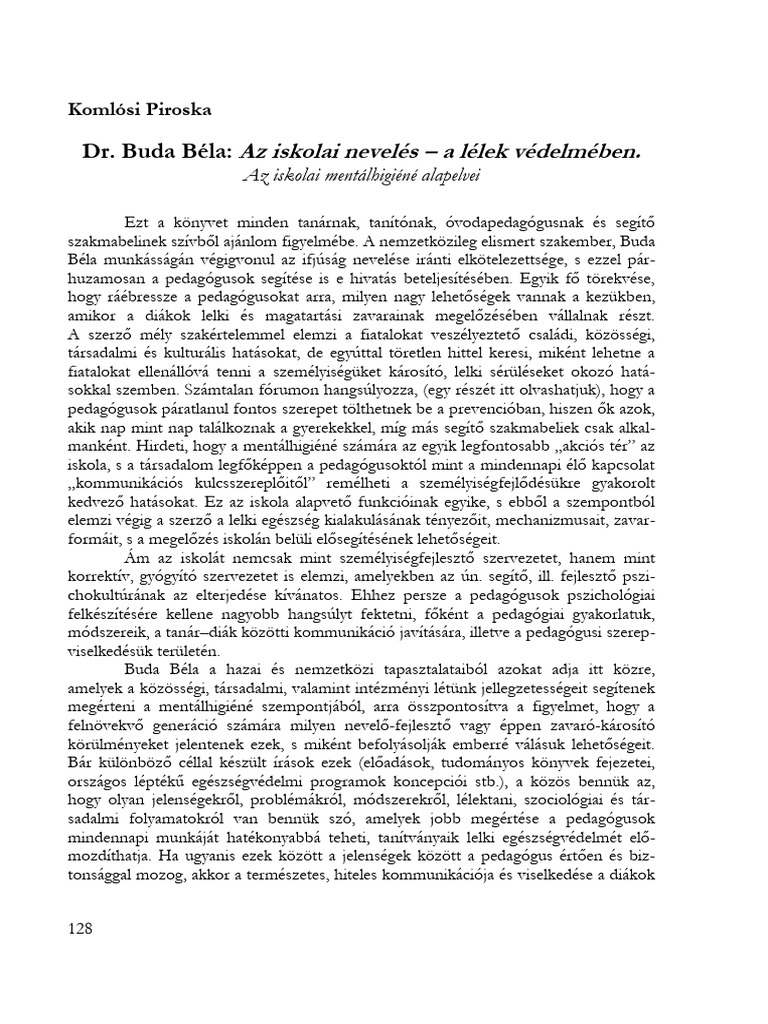 Dr. Buda Béla - Az Iskolai Nevelés A Lélek Védelmében. Az Iskolai Mentálhigiéné Alapelvei | PDF