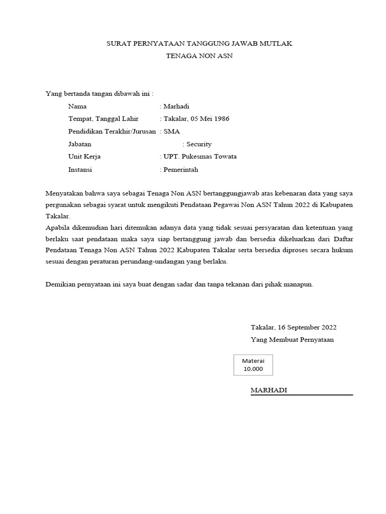 FORM SPTJM (Diisi Oleh Tenaga Non ASN Yang Bersangkutan) | PDF