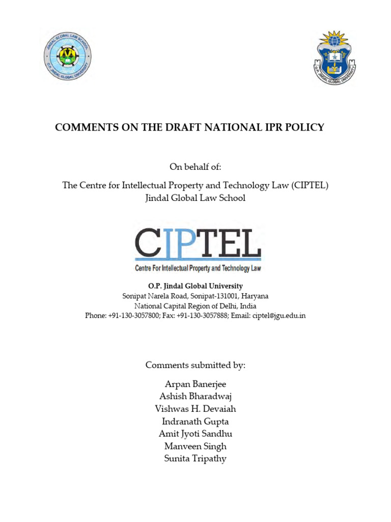 CIPTEL Jindal Global Law School Comments On Draft IP Policy | PDF ...