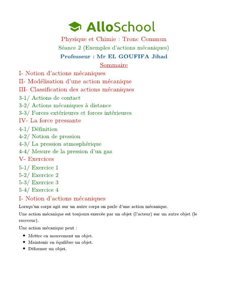 Seance 2 Exemples D Actions Mecaniques | PDF