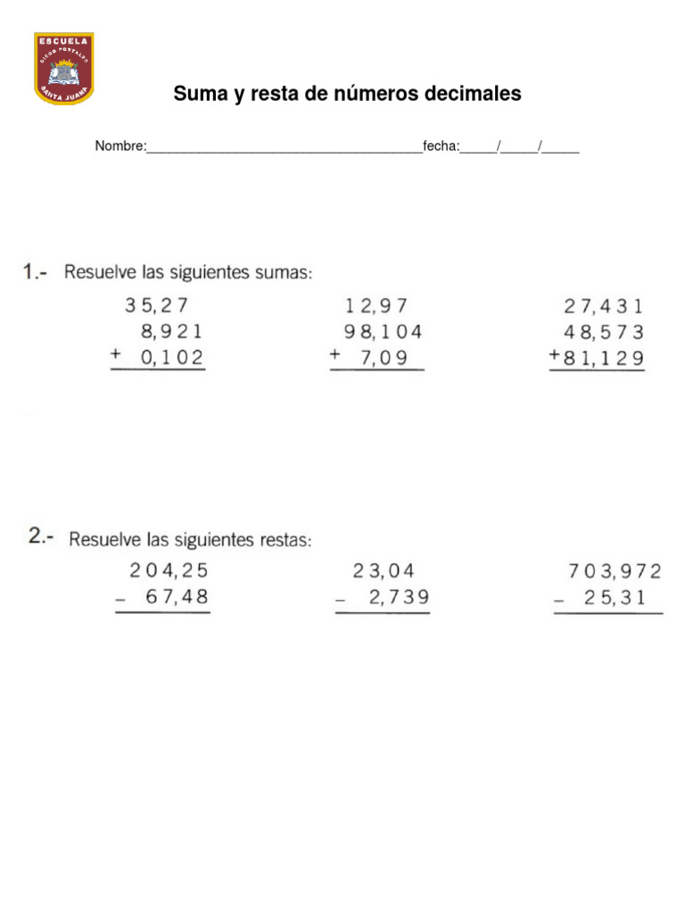 Suma y Resta de Números Decimales | PDF