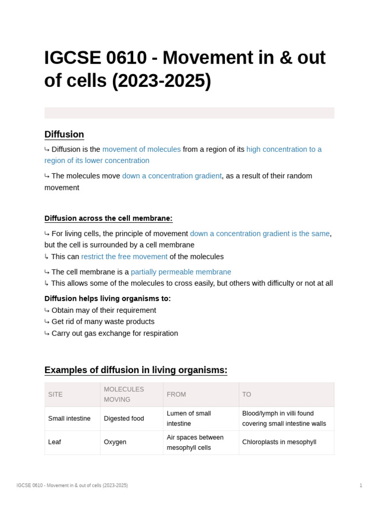 Igcse 0610 Movement In And Out Of Cells Download Free Pdf Osmosis Diffusion