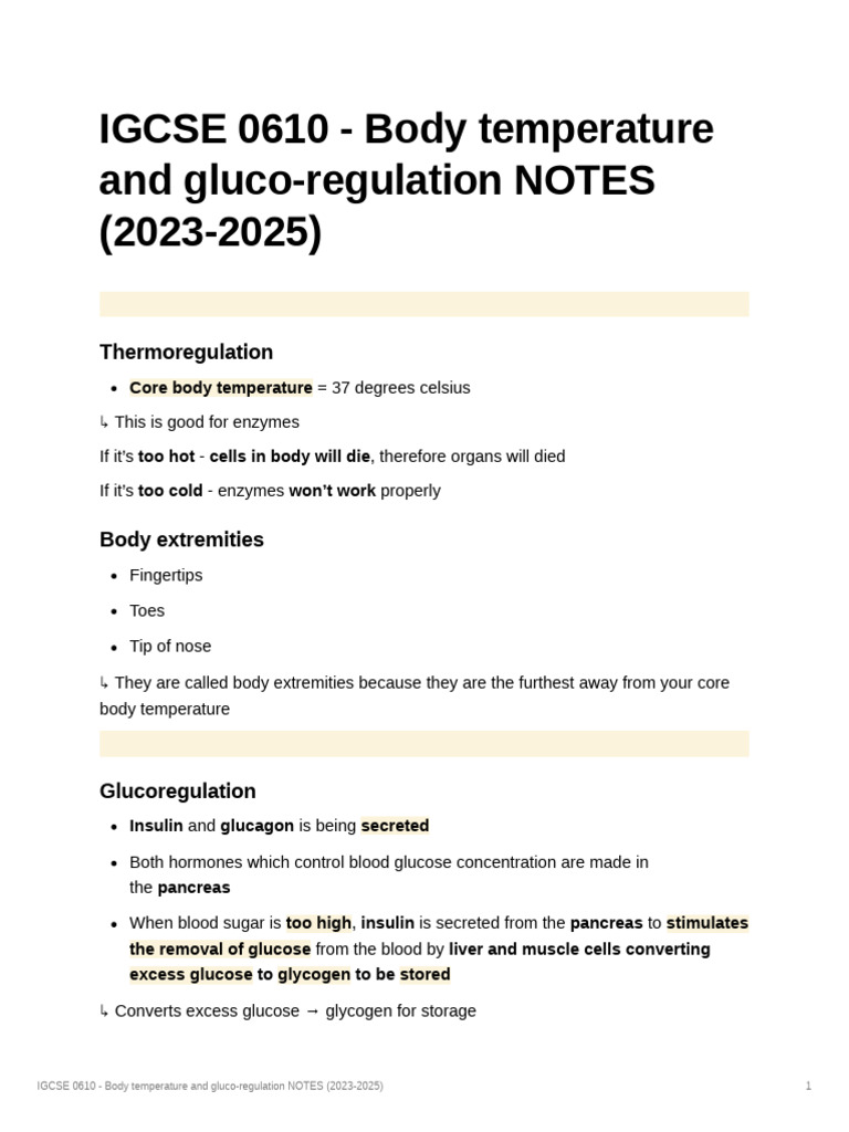 IGCSE 0610 - Body Temperature and Gluco-Regulation | PDF | Glycogen | Skin