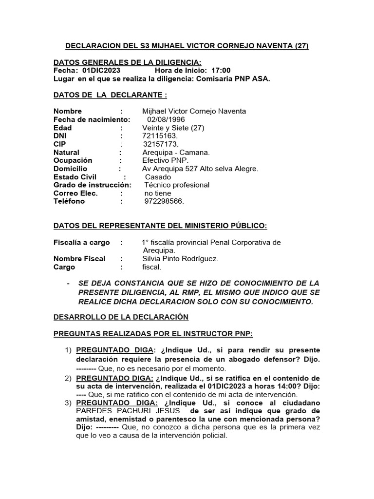 Declaracion Del s3pnp Cornejo | PDF Declaracion Del s3pnp Cornejo | PDF