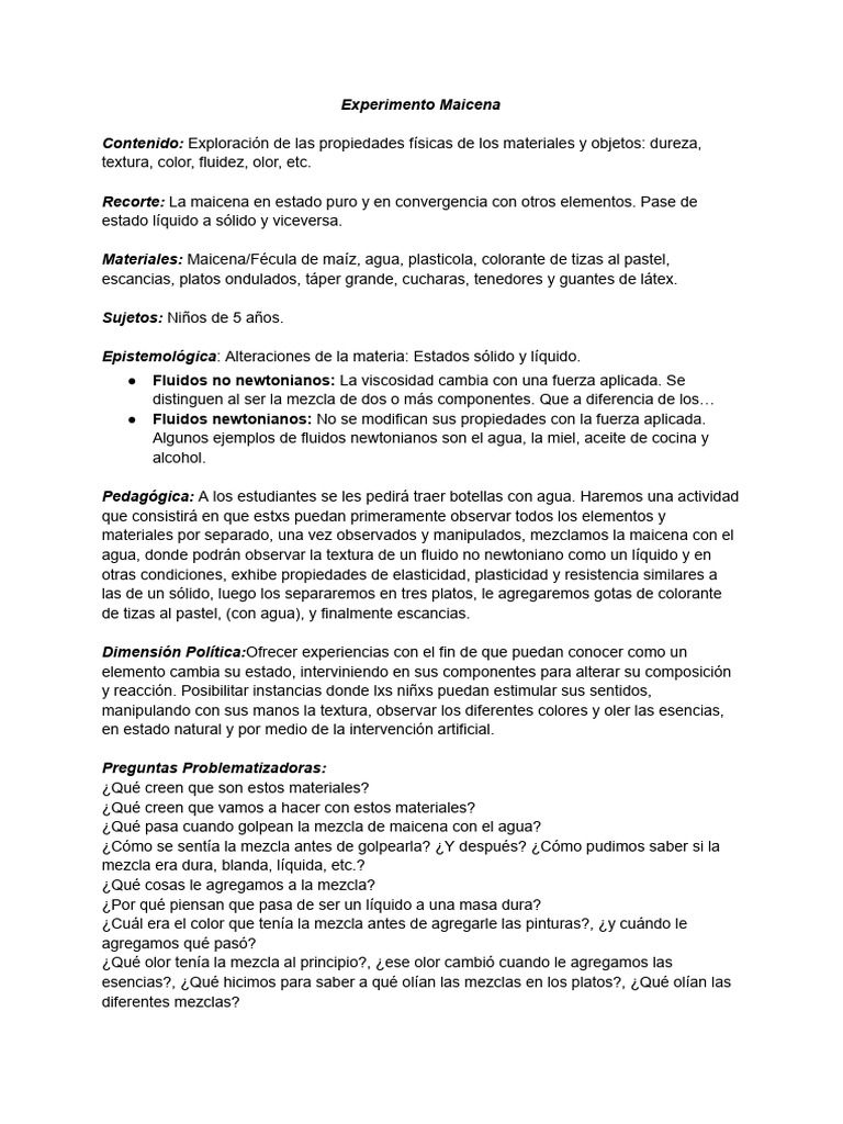 Experimento de Maicena y Agua para Niños | PDF | Líquidos | Mezcla