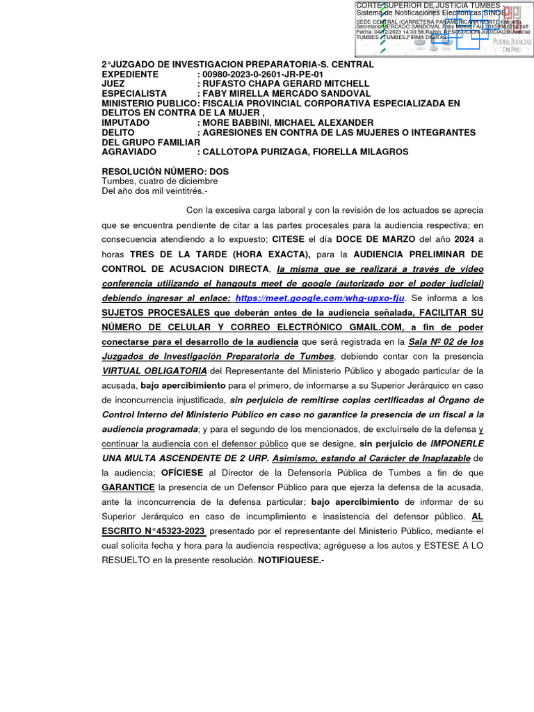 Exp. 00980-2023-0-2601-JR-PE-01 - Resolución - 139032-2023 | PDF | Justicia | Crimen y violencia