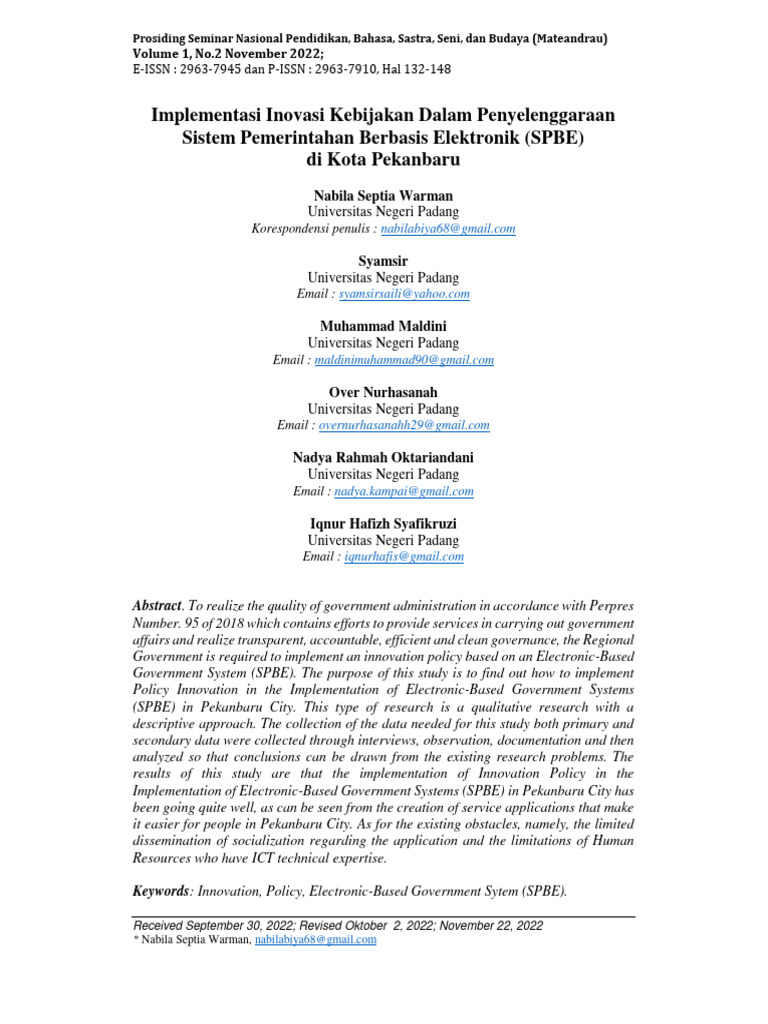 Implementasi Inovasi Kebijakan Dalam Penyelenggaraan Sistem Pemerintahan Berbasis Elektronik ...