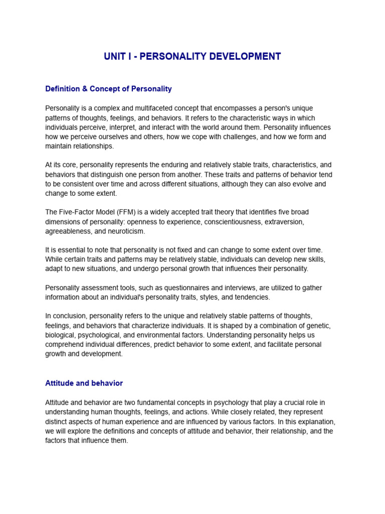 Notes - Personality and Career Management - Unit 1 & 2 | PDF | Attitude ...