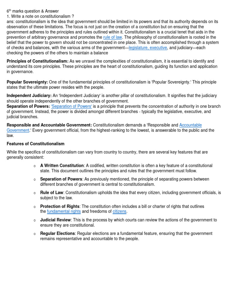 6th Marks Question | PDF | Separation Of Powers | Cabinet (Government)