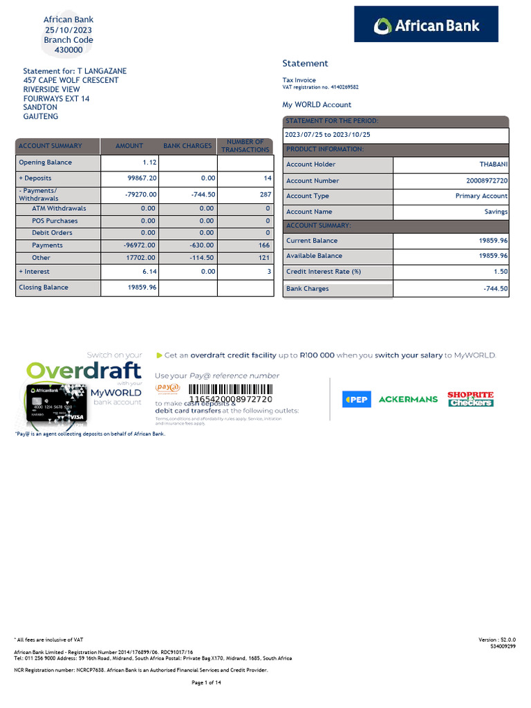 Statement - THABANI 3 MONTHS | PDF | Fee | Banks