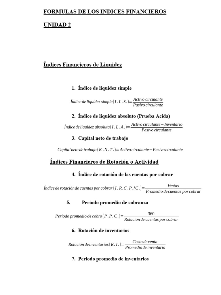 Fórmulas de Índices Financieros | PDF | Apalancamiento (Finanzas) | Rentabilidad sobre recursos ...