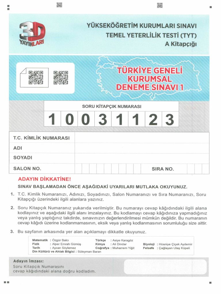 3d Tﾃ彝kﾄｰye Genelﾄｰ Deneme Tyt 1 Ozdebirtyt1 Pdf