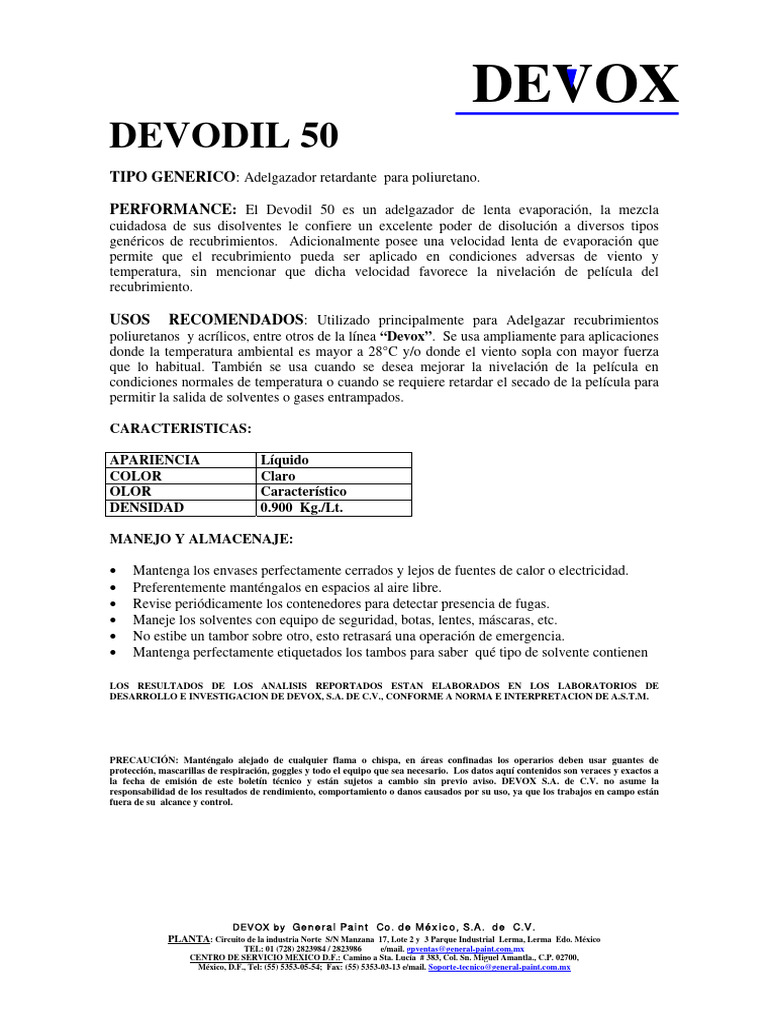 Devodil 50: Adelgazador para Poliuretano | PDF | Solvente | Química Física