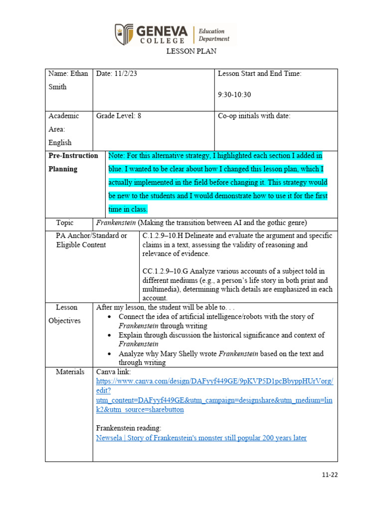Adapted Lesson Project | PDF | Frankenstein | Mary Shelley