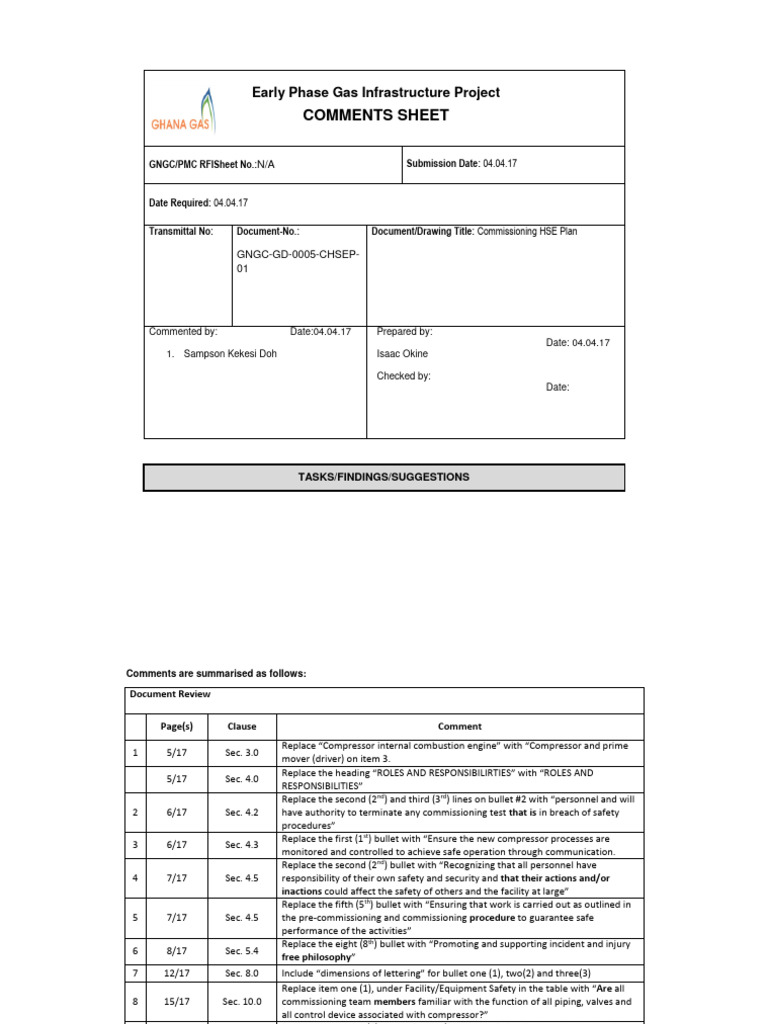 Comment Sheet For Commissioning Hse Plan | PDF | U.S. Securities And Exchange Commission | Belt ...