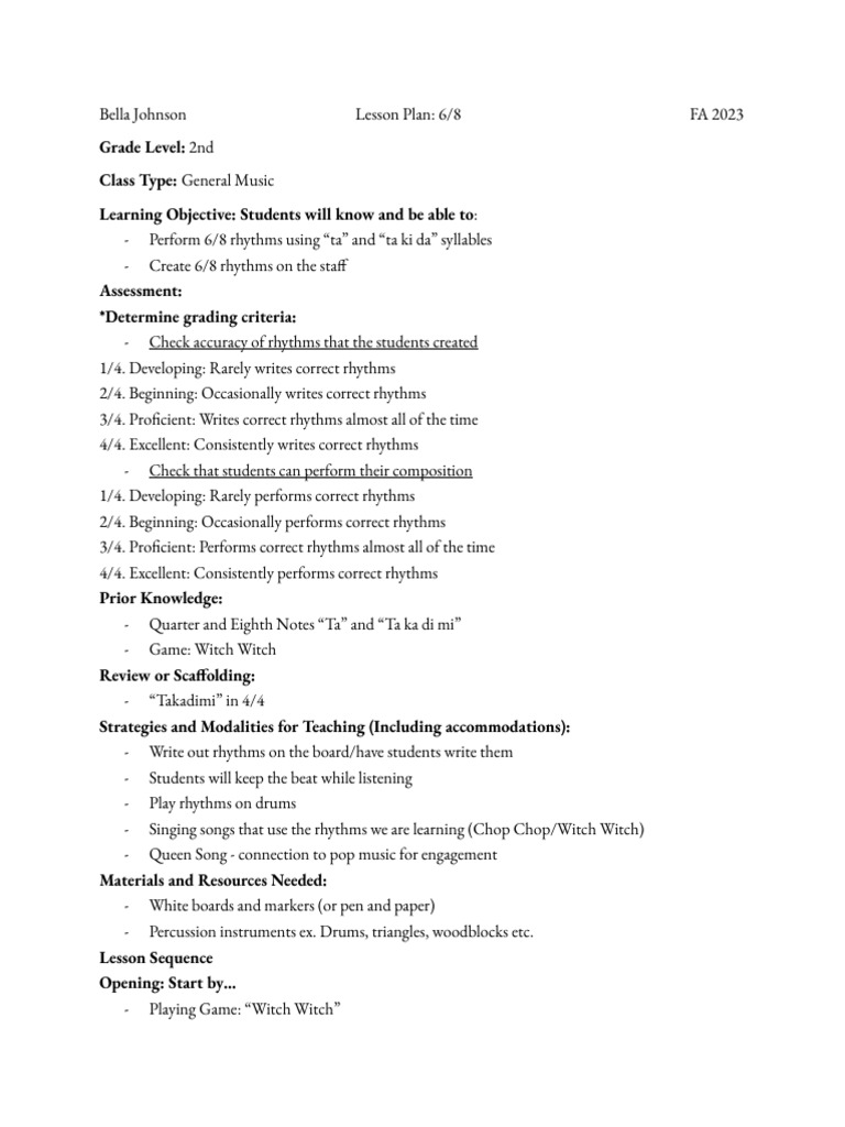 Bella Johnson 6 8 Lesson Plan | PDF | Rhythm | Lesson Plan