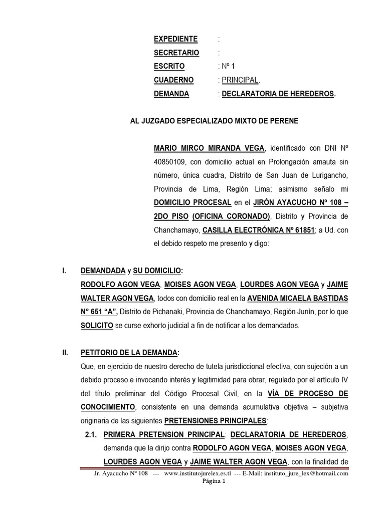 Demanda de Inclusion de Herencia - MARIO MIRCO MIRANDA VEGA | PDF ...