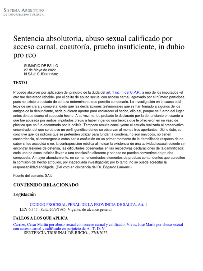 Sentencia Absolutoria, Abuso Sexual Calificado Por Acceso Carnal ...