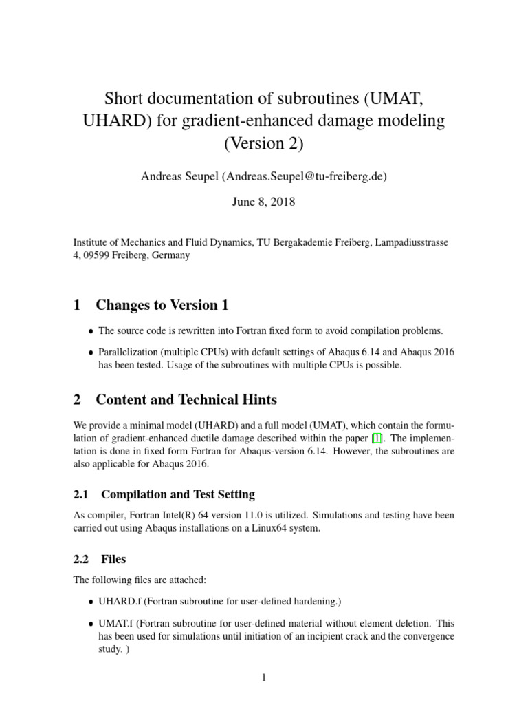 Short Documentation of Subroutines (UMAT, UHARD) For Gradient-Enhanced Damage Modeling (Version ...