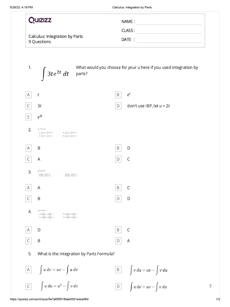 Calculus - Integration by Parts | PDF | Integral | Analysis
