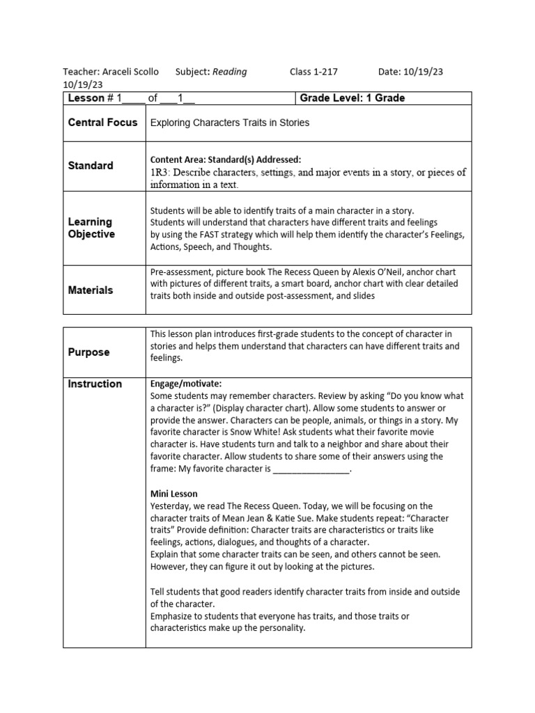 Lessonplan-Character Traits 1 | PDF | Thought | Human Communication