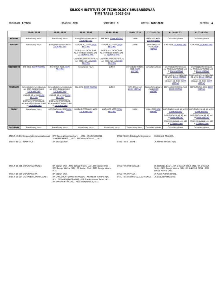 Timetable (B.TECH CEN 3 (A) ) | PDF