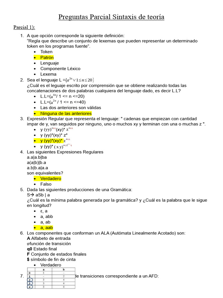 Preguntas Parcial Sintaxis de teoría | PDF | Lenguaje de programación | Compilador