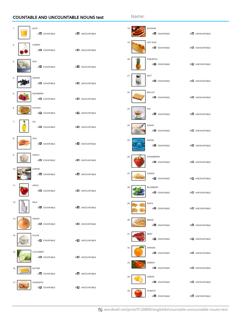 Countable And Uncountable Nouns Test Pdf Sausage Asian Cuisine
