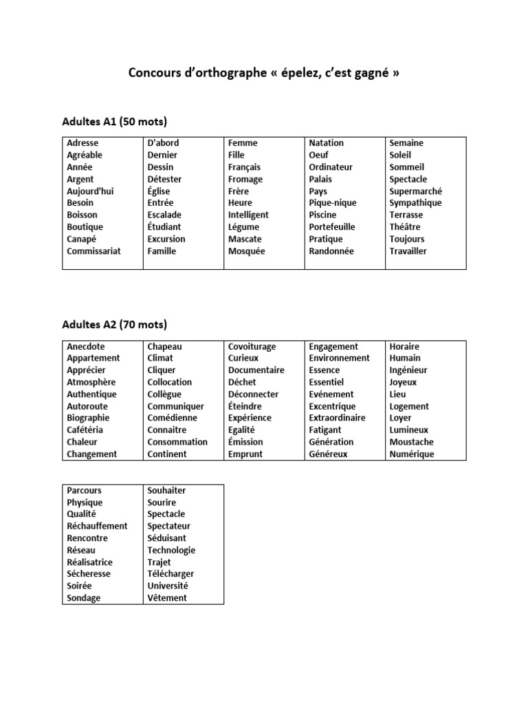 Liste de mots pour concours d'épellation | PDF