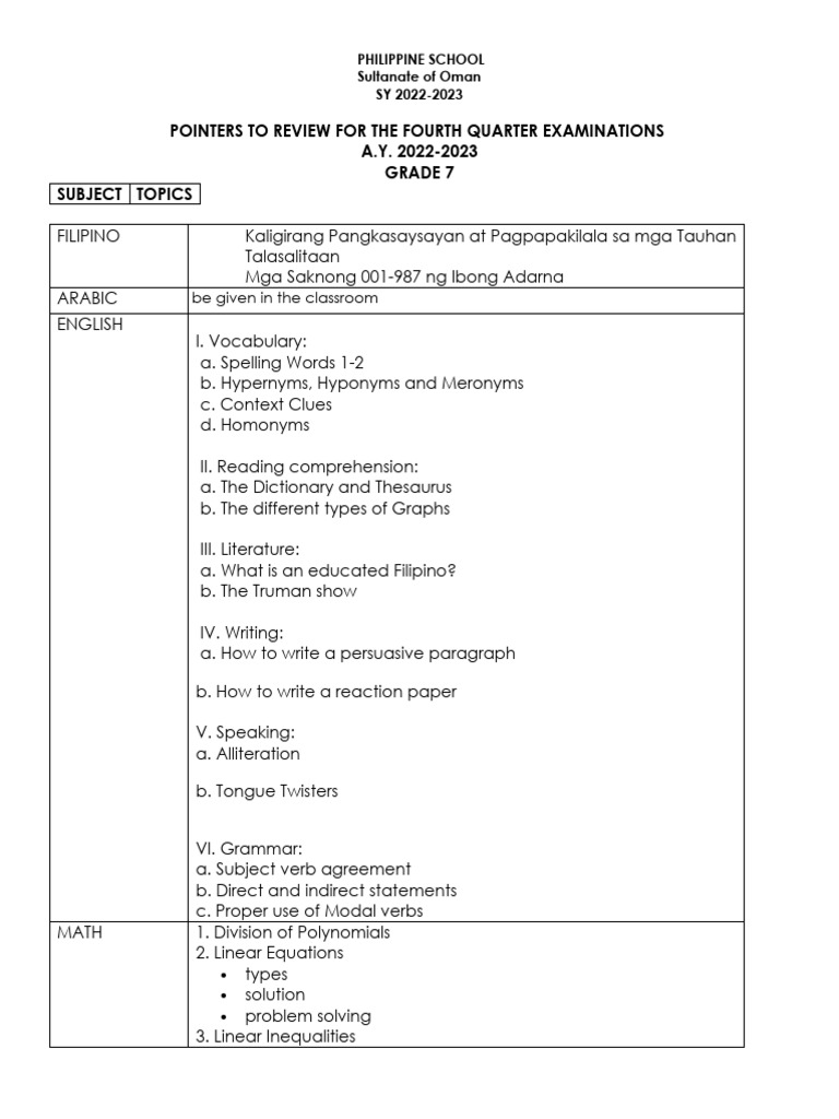 Grade 7 Pointers To Review For The Fourth Quarter Examinations | PDF | Philippines