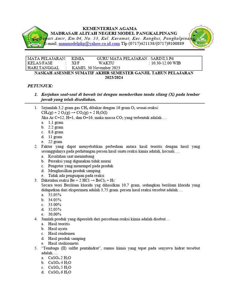 Soal Asas Kimia-Xi-2023-2024-Sarini | PDF | Sains & Matematika