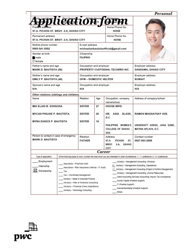 Application Form PWC - FCB | PDF | Consultant | Audit