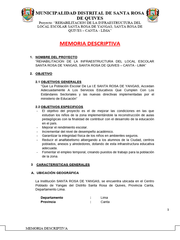 Memoria Descriptiva Yangas | PDF | Lima | Infraestructura