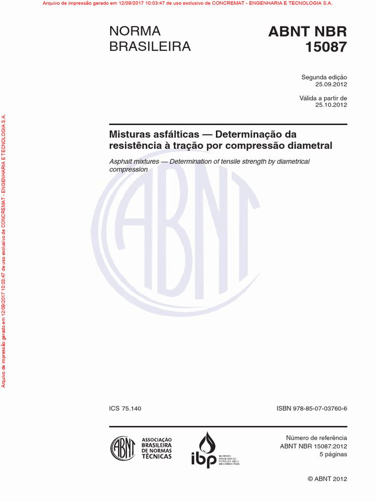 NBR 15087 - Misturas Asfálticas - Determ Resistência À Tração Por ...