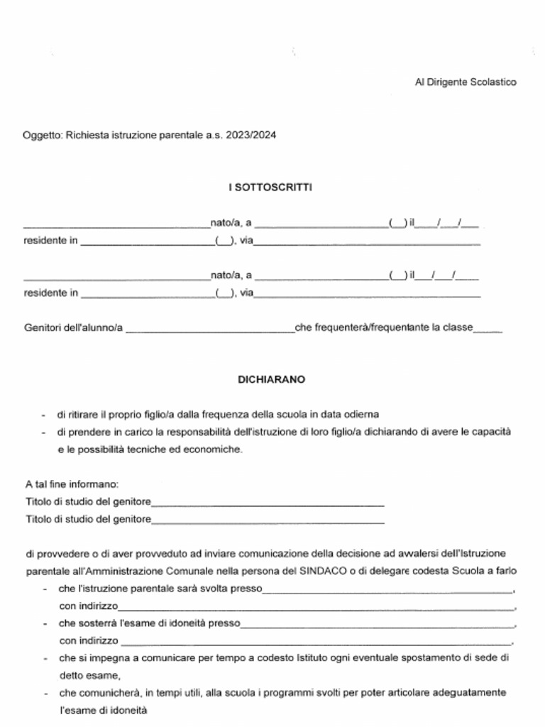 Modello Di Richiesta Istruzione Parentale A.S. 2023-2024 | PDF