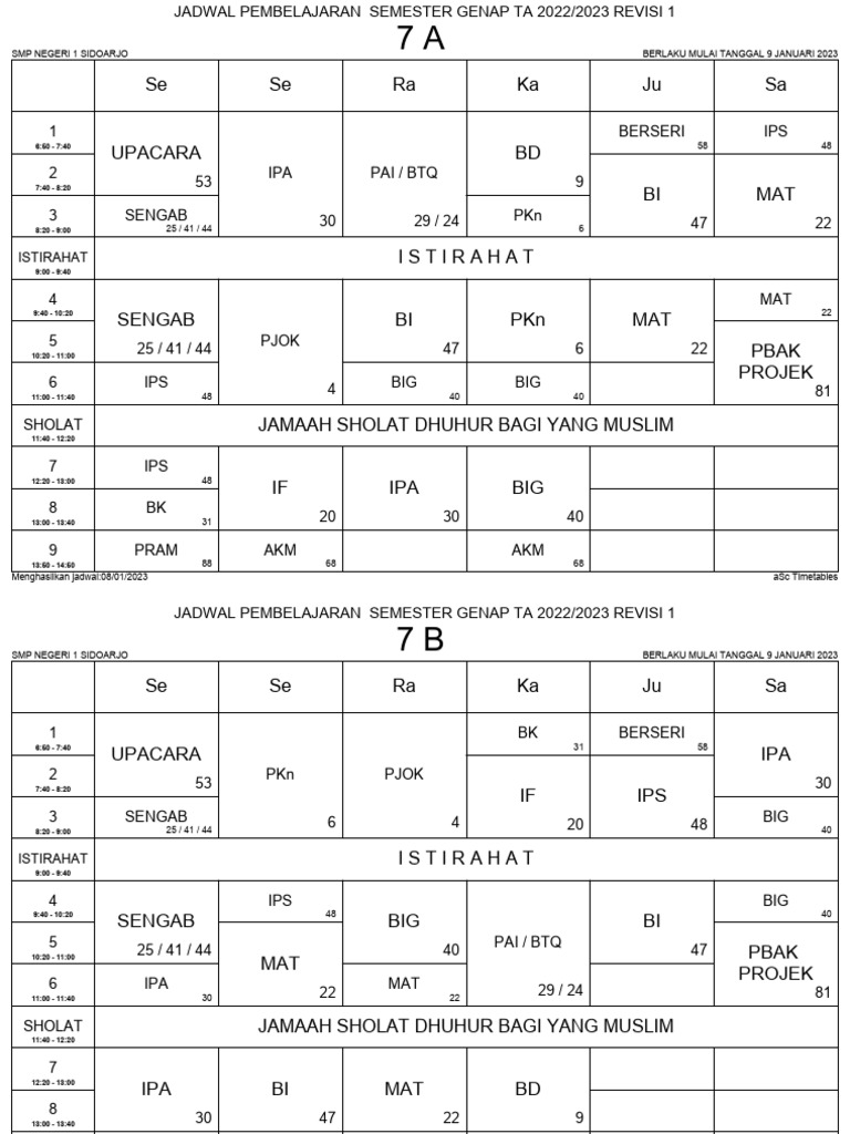 Jadwal Kelas 7 SMT Genap 22-23 Oke - Revisi 1 | PDF