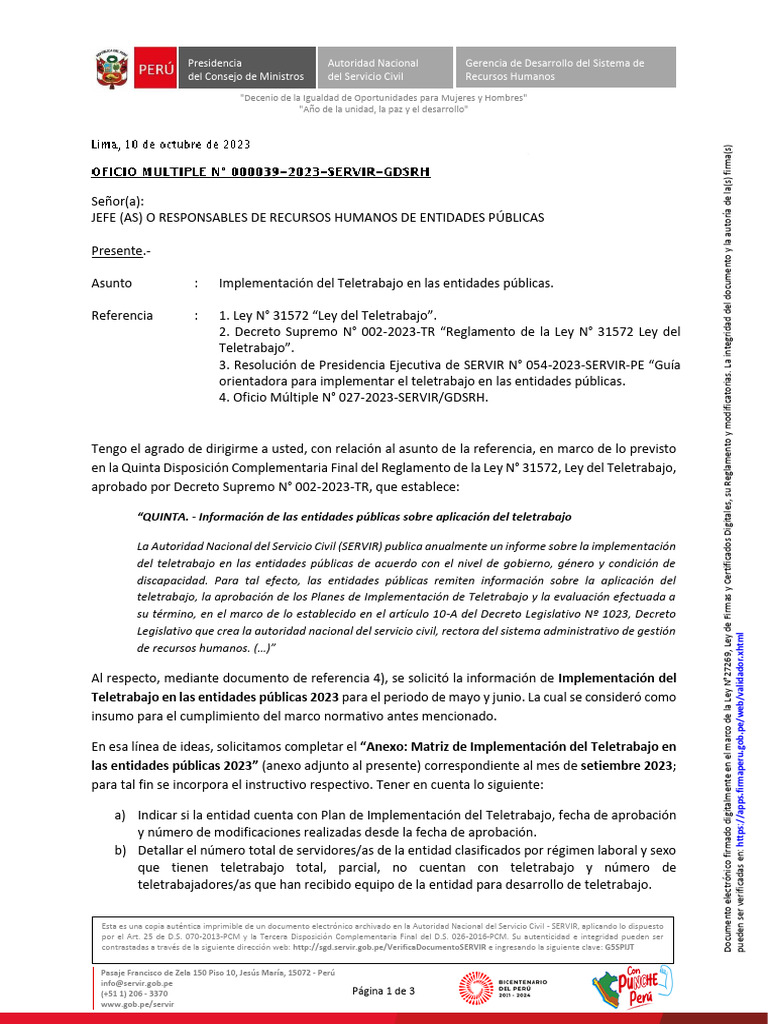 Oficio Multiple 000039 2023 Servir Gdsrh Pdf Gestión De Recursos