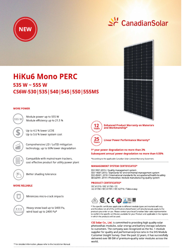 Ficha Tecnica Canadian Solar HiKu6 CS6W-MS 535-555W | PDF