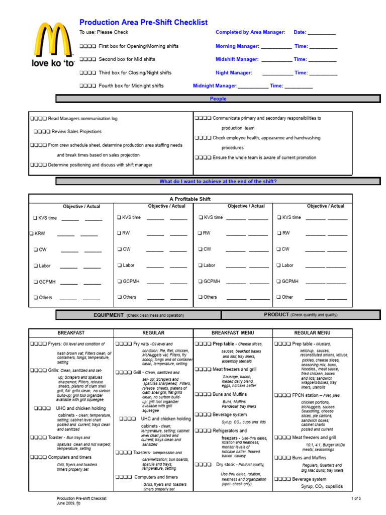 Production Area Pre-Shift Checklist | PDF | Refrigerator | Grilling