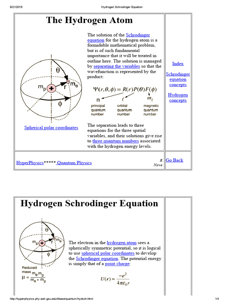 Hydrogen Schrodinger Equation | PDF | Schrödinger Equation | Equations