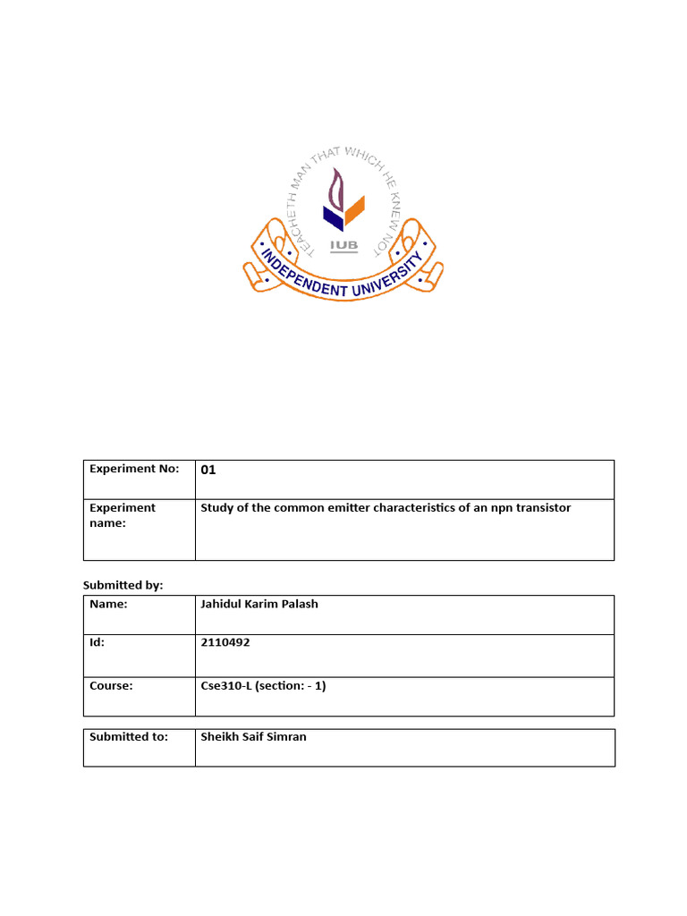 Experiment 01-Cse310 | PDF | Transistor | Bipolar Junction Transistor