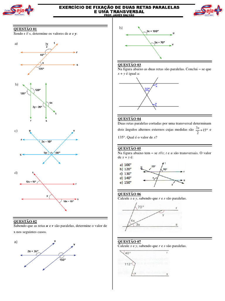 Exercícios sobre Retas Paralelas e Transversais | PDF