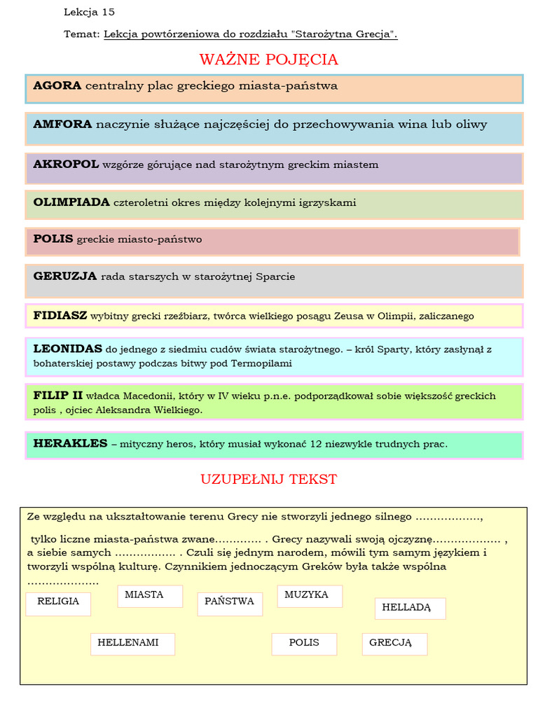Lekcja 15 LEKCJA POWTORZENIOWA DO ROZDZIALU STAROZYTNA GRECJA. Klasa 5 | PDF