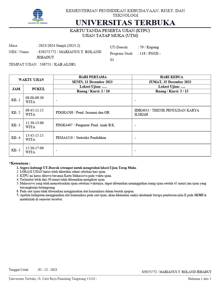 KTPU Ujian Tatap Muka & Online UT 2023 | PDF