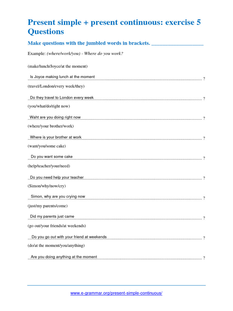 Present Tenses Exercises Jumbled Questions | PDF | Language Arts ...