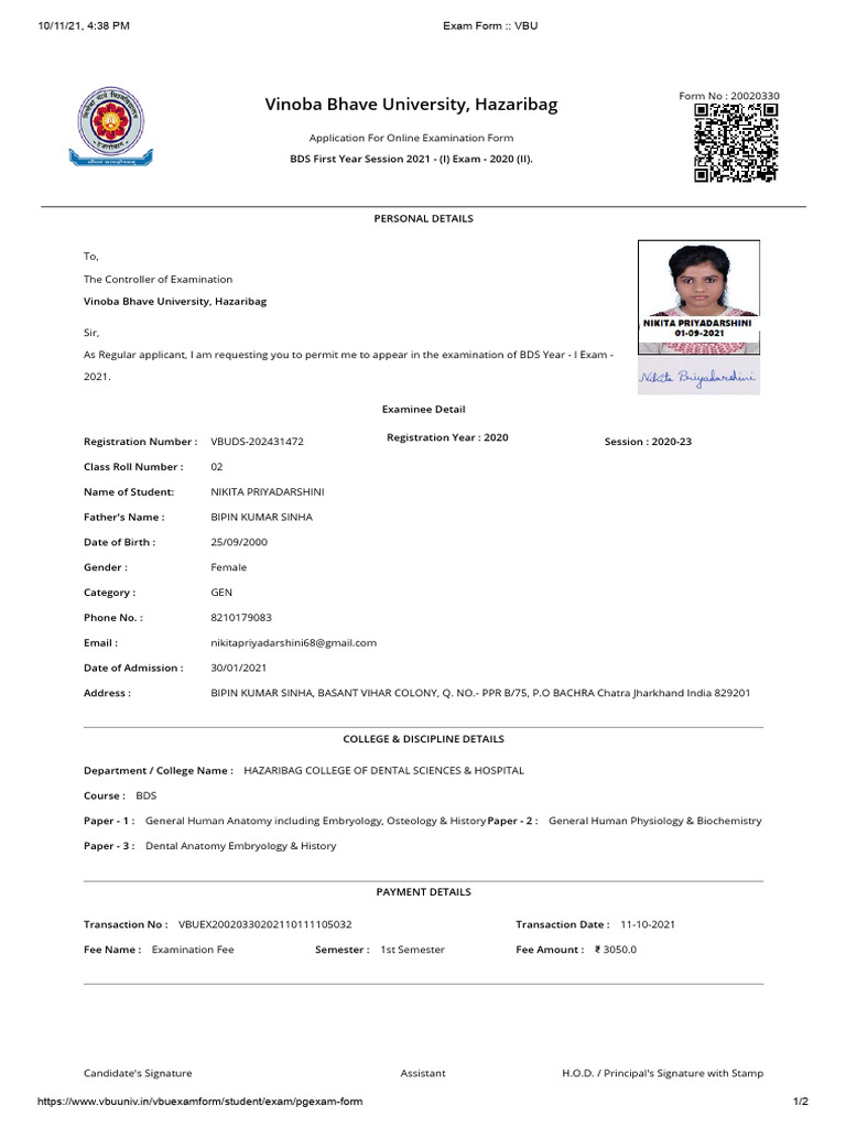 Exam Form - VBU | PDF | Dental Degree | Qualifications