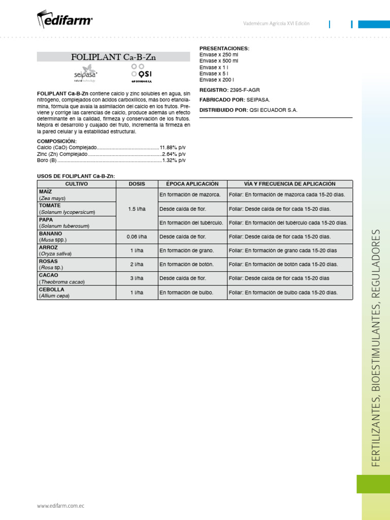 Foliplant Ca-B-Zn: Fertilizante Esencial | PDF | Maíz | Botánica